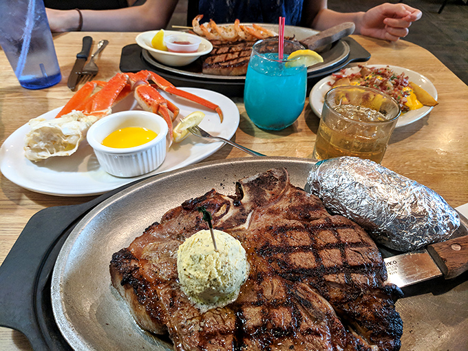 The full dining experience at Bill's includes massive steaks, fresh seafood, and sides that could be meals themselves, all served hot.