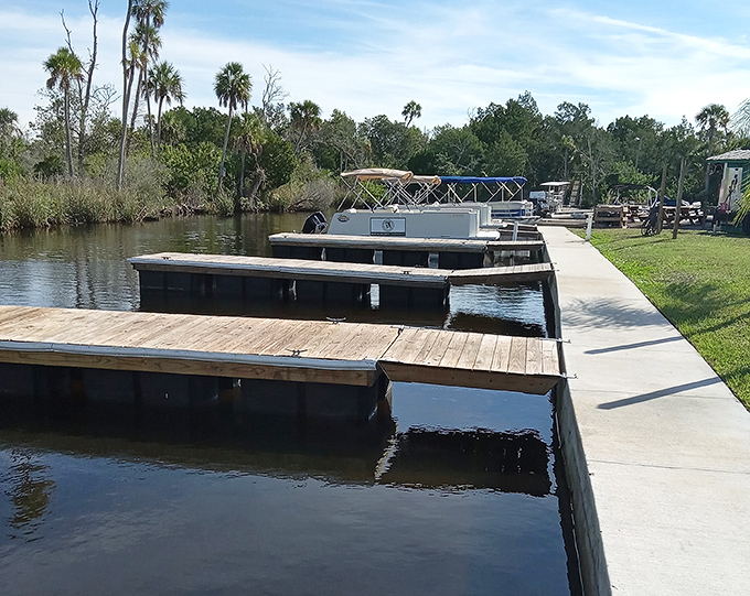 The docks at Florida Cracker Riverside Resort provide perfect viewing platforms for watching the monkeys while enjoying the peaceful riverfront setting.