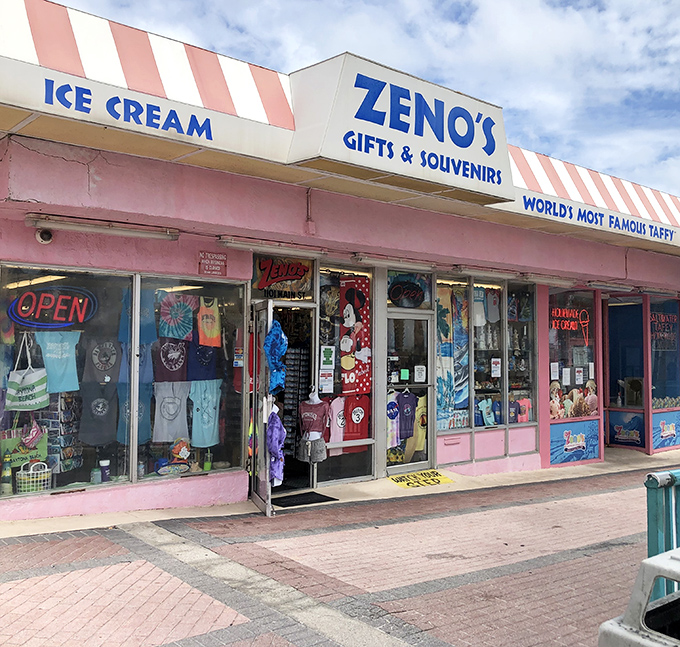 The souvenir shop section, where beach memories and sugar cravings merge into take-home treasures.
