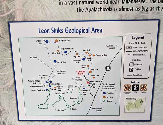 The trail map promises adventure with dotted lines and colorful markers&mdash;nature's treasure map where X marks multiple spots.