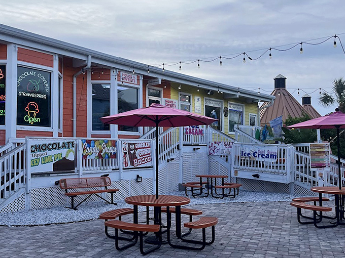 The outdoor dining area invites visitors to savor their treats under Florida skies, where calories somehow don't count.