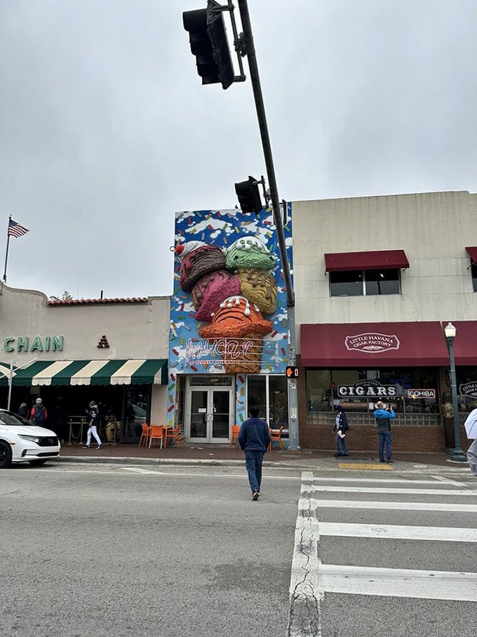 From across the street, Azucar's building stands out like a colorful exclamation point in Little Havana's vibrant cultural paragraph.