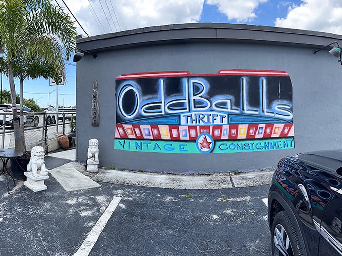 The bold neon-style mural announces Oddballs to the world, promising vintage treasures and consignment delights behind its doors.