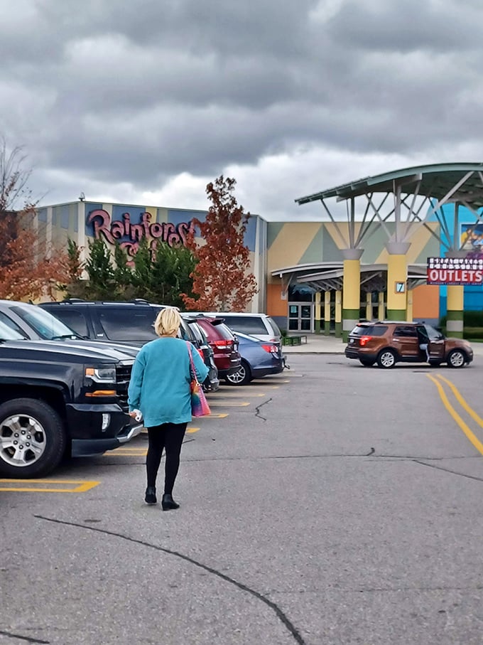 The exterior of Rainforest Cafe at Great Lakes Crossing Outlets welcomes shoppers seeking a wild break from their retail adventures.