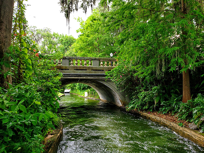 The arched bridge spans emerald waters, creating a scene straight from a Monet painting with a Florida twist.