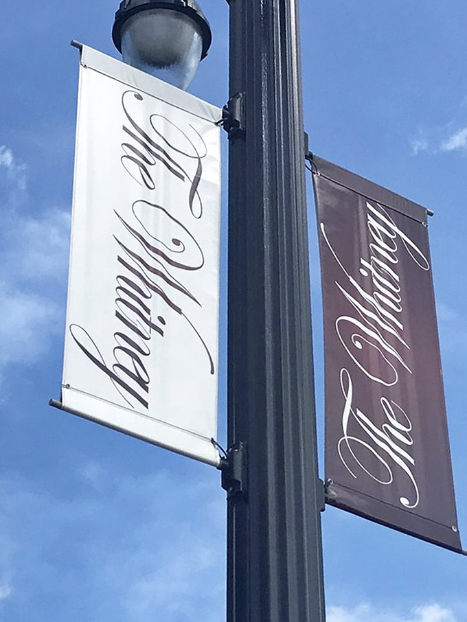 Elegant banners announce The Whitney's presence, fluttering gently against Detroit's blue sky like flags outside a modern-day castle.