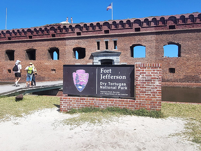 Fort Jefferson's entrance sign welcomes intrepid travelers who've journeyed far beyond Florida's typical tourist trails.