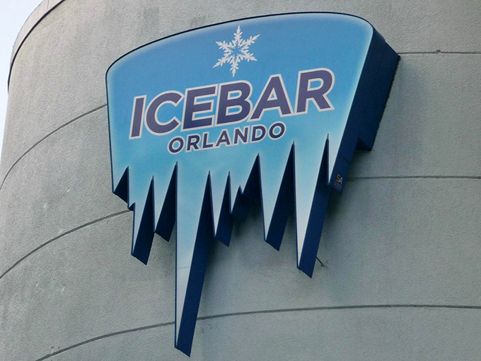 The iconic ICEBAR sign with its icicle details promises a frosty experience that defies Florida's reputation as the Sunshine State.