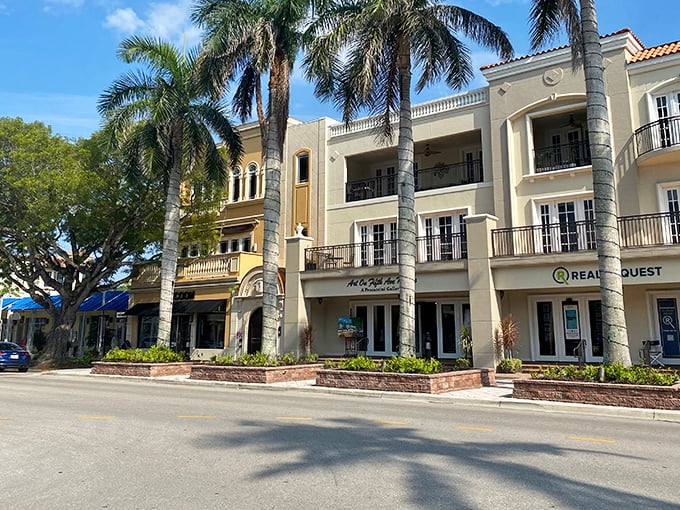 Naples' downtown storefronts combine Mediterranean architectural elements with Florida's signature palm trees for a distinctive shopping experience.
