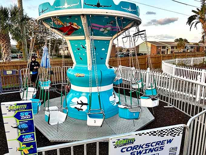 The swing ride sends guests soaring through the air, providing both cooling breezes and the perfect opportunity for mid-air regrets.