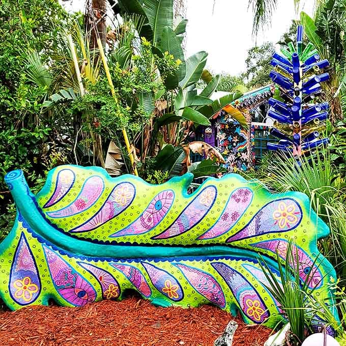 This paisley-patterned bench invites visitors to rest while surrounded by art – form and function dancing together in perfect harmony.