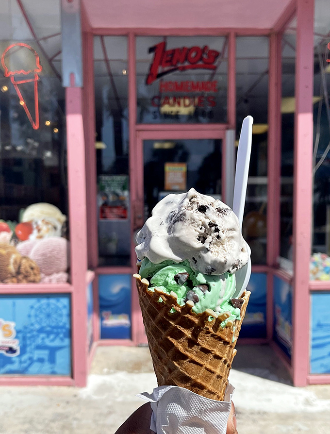 A perfect marriage of mint and chocolate perched atop a freshly-made waffle cone&mdash;summer distilled into edible form.