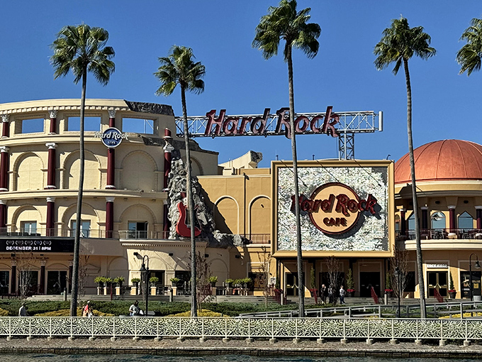 Hard Rock Cafe Orlando stands tall among the Universal CityWalk attractions, its iconic guitar sign visible from across the complex.