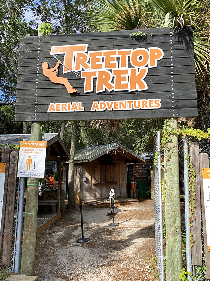 Gateway to adventure – the Treetop Trek entrance promises aerial thrills and canopy challenges for those brave enough to enter.