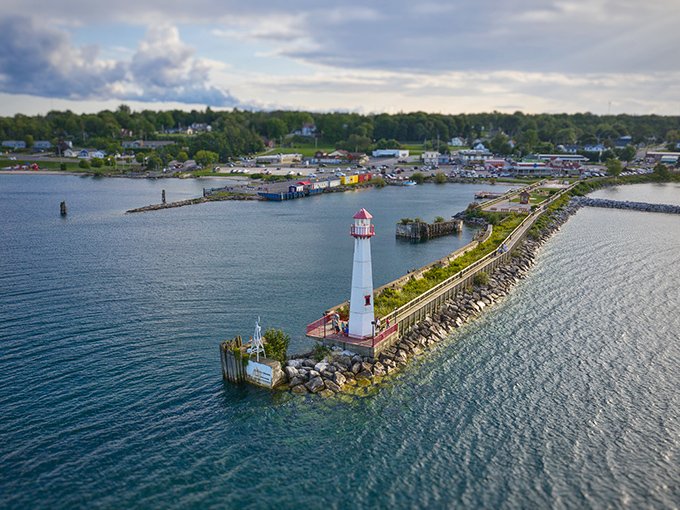 From above, the lighthouse peninsula resembles nature's exclamation point – Michigan's way of saying "Look at this spectacular spot!"