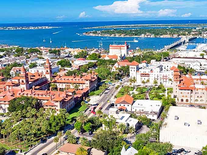From above, the city's red-tiled roofs and historic layout reveal the Spanish colonial planning that still shapes it today.