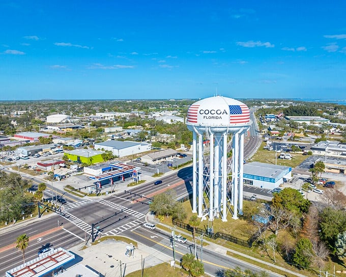 From above, Cocoa's water tower stands sentinel over a town that perfected small-scale living on a grand scale.