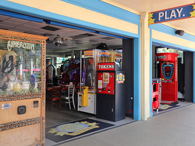 Arcade Entrance: The gateway between adulting and abandoning responsibility, this blue-framed portal promises electronic enchantment for anyone brave enough to enter.