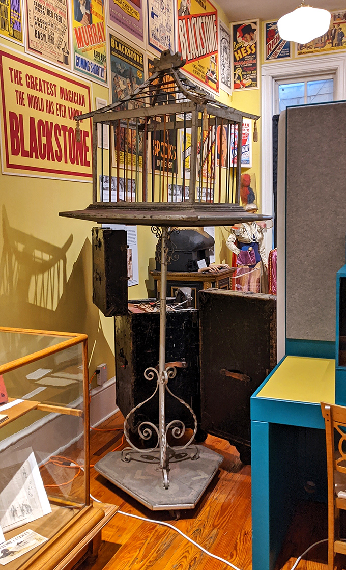 Blackstone's famous vanishing bird cage sits empty now, but once made live canaries disappear into thin air before astonished audiences.