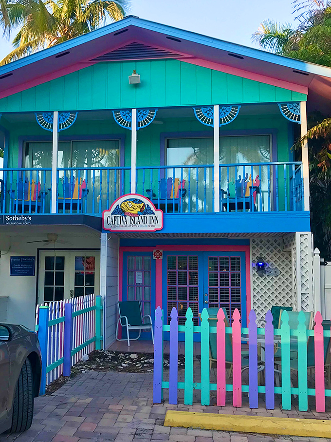 A rainbow explosion of Old Florida charm – where architecture celebrates joy and every color in the crayon box gets its moment.