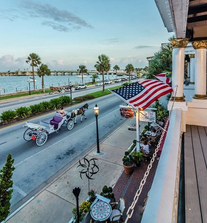 Street-level views show horse-drawn carriages passing by, because St. Augustine takes its historic atmosphere very seriously indeed.