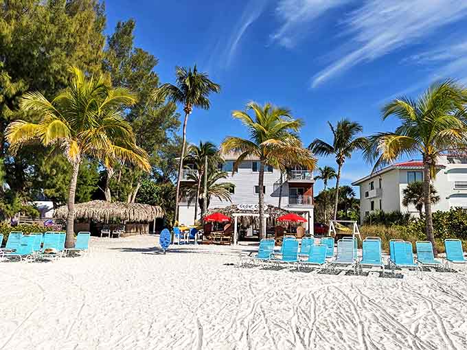 Beach chairs await under swaying palms, promising the kind of relaxation that makes you forget what day it is.