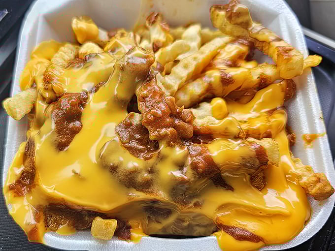 A glorious monument to excess, where fries become the foundation for a golden river of cheese and hearty chili that requires both fork and respect.