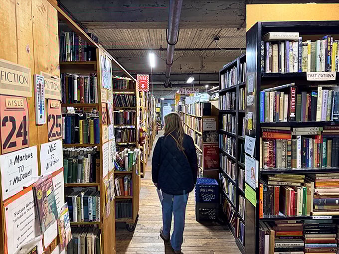 Lost in the literary maze, a browser navigates narrow aisles where unexpected discoveries lurk around every corner in this bibliophile's paradise.