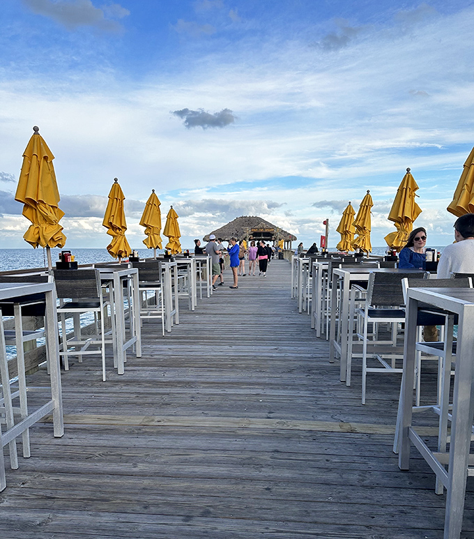 The wooden walkway stretches toward Rikki Tiki Tavern like a promise, high-top tables waiting for conversations that inevitably begin with "Can you believe this view?"