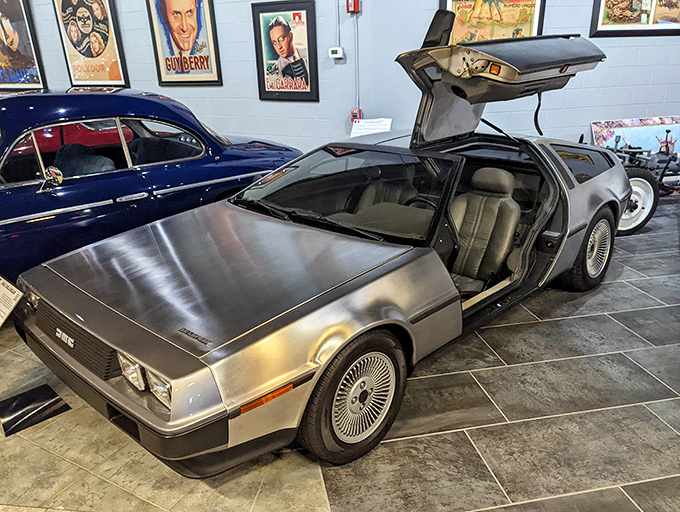 Great Scott! The iconic DeLorean DMC with its gull-wing doors open looks ready for time travel, minus the flux capacitor.
