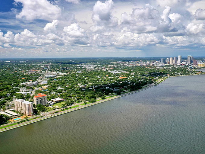 From above, Tampa's Bayshore Boulevard traces a perfect curve along the water, a human touch that enhances rather than intrudes upon nature's design.