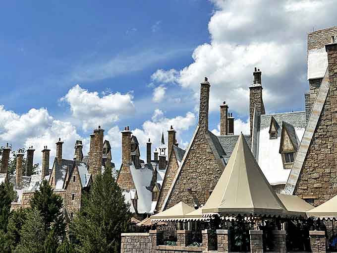 Hogsmeade village's snow-capped roofs create the world's most delightful cognitive dissonance when you're sweating through your shirt in July.