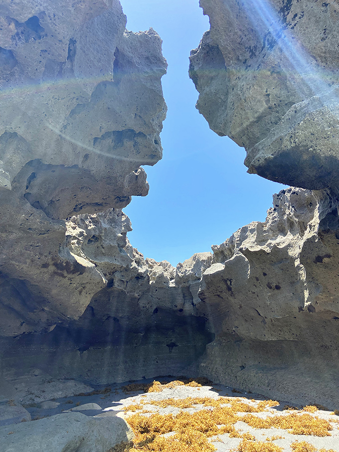 Looking skyward from inside a limestone cave reveals nature's architecture &ndash; no blueprints needed, just time and persistence.