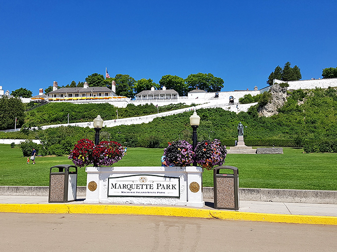 Marquette Park's manicured grounds provide the perfect foreground to Fort Mackinac, creating a picturesque gateway between downtown and history.