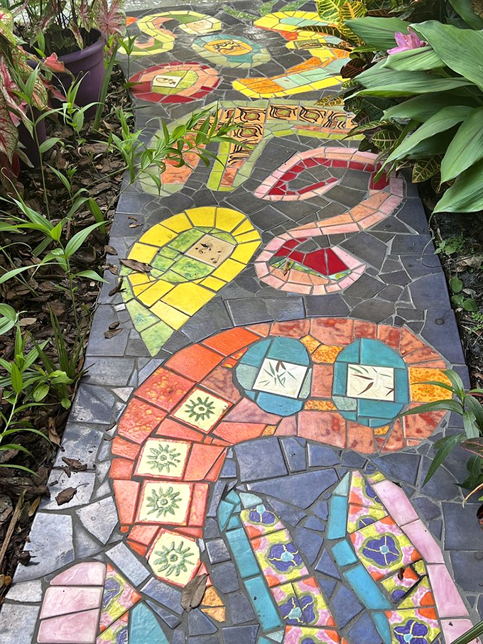 Follow the mosaic road &ndash; this pathway proves that even getting to the front door should be an artistic journey.