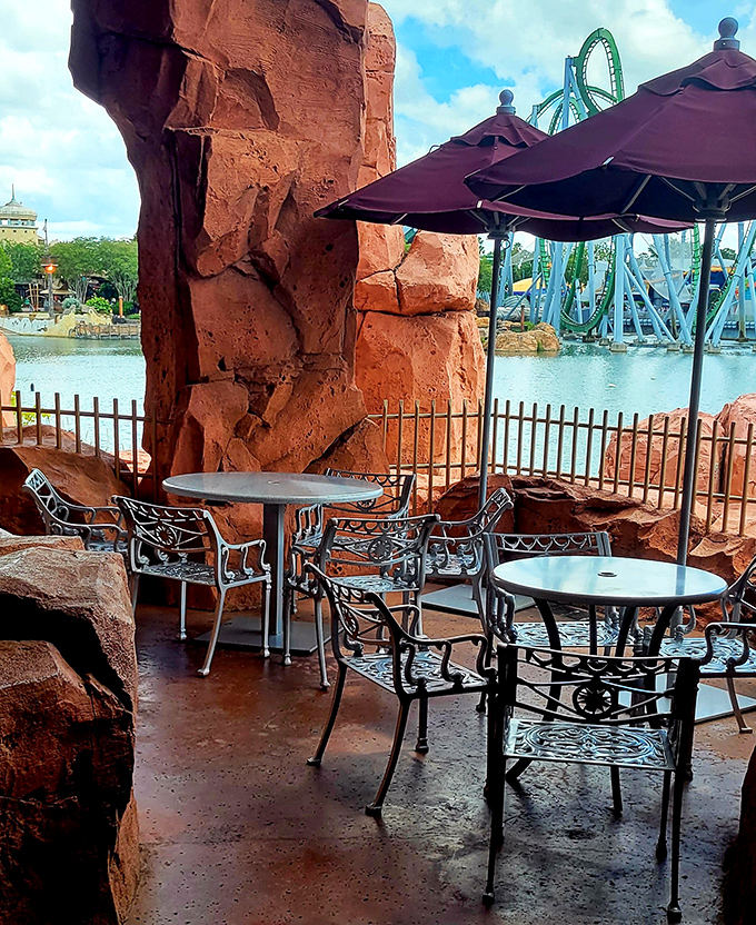 Dine with theme park views while still embracing the mythological theme &ndash; al fresco options for those who prefer sunshine with their saganaki.