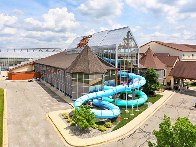 An aerial view reveals the impressive scale of this aquatic oasis, where summer lives year-round regardless of Michigan's weather whims.