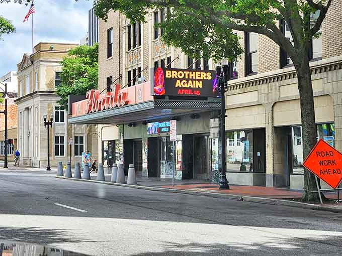The Florida Theatre's exterior stands as a cultural landmark in downtown Jacksonville, its Art Deco fa&ccedil;ade a reminder of entertainment's golden age.