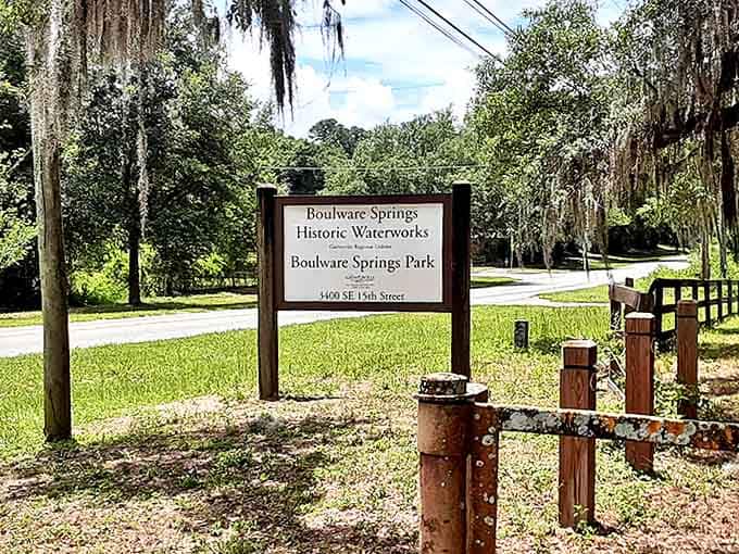 The unassuming entrance sign belies the historical treasure that awaits – where Gainesville's story began and Florida's aquifer still flows freely.