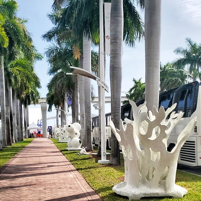 The project's distinctive sculptures stand ready for transport, each representing countless hours of artistic and environmental planning.