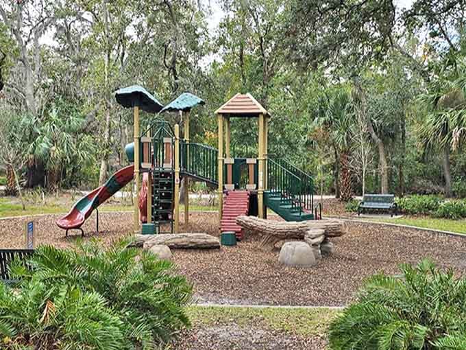 Playground equipment nestled among the trees, proving kids' fun and nature appreciation aren't competing interests but perfect partners.