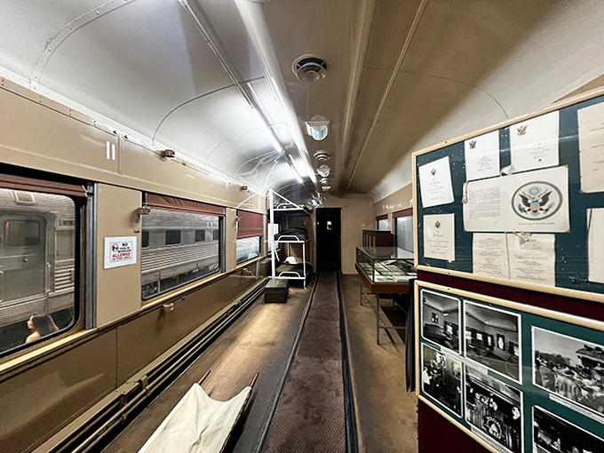 This railcar interior preserves the moment when train travel meant more than just getting somewhere, it meant experiencing the journey itself.