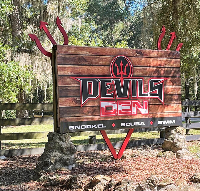 Roadside View Signage: The devilish welcome sign promises three perfect Florida adventures &ndash; snorkel, scuba, swim &ndash; in one prehistoric package.