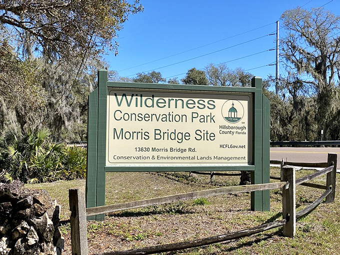 The official greeter: Wilderness Conservation Park sign stands sentinel, promising protected lands and adventures beyond its wooden fence.