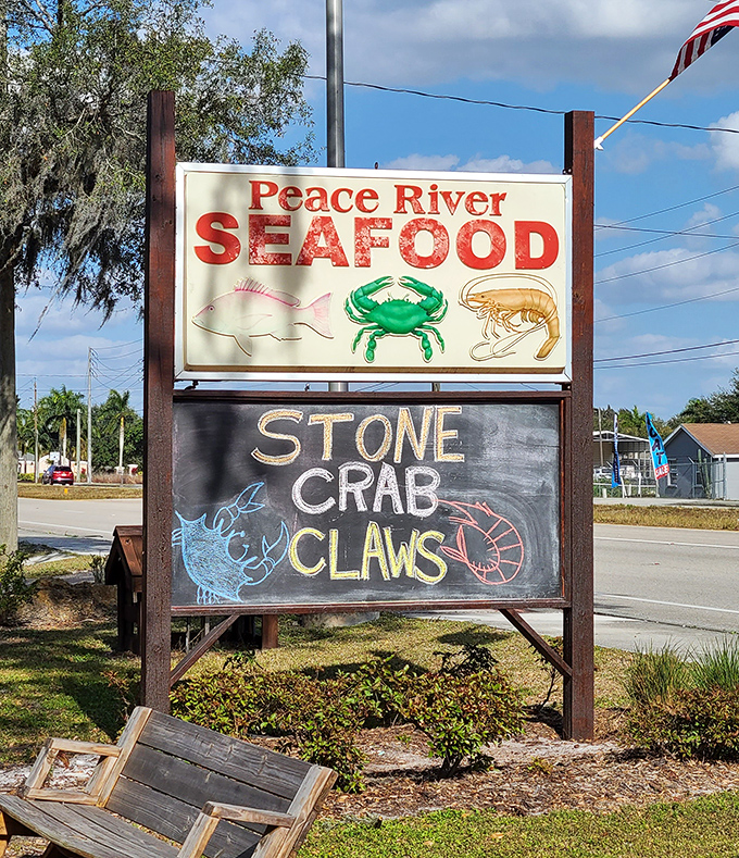 The roadside sign promises "STONE CRAB CLAWS" with colorful chalk enthusiasm &ndash; a siren call to seafood lovers passing by.