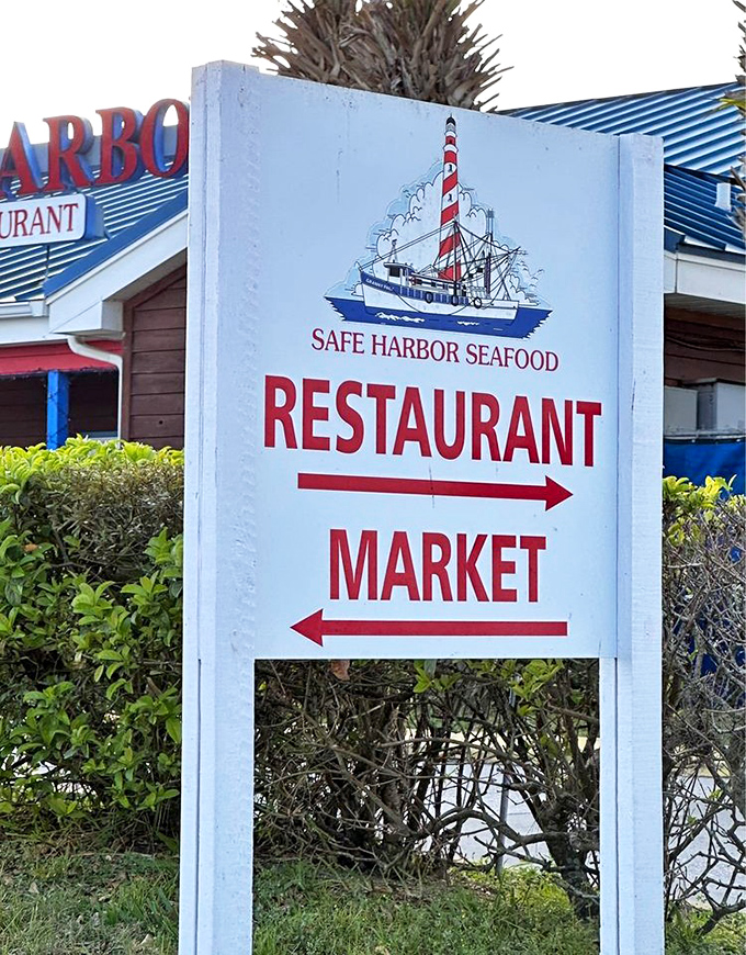 The maritime compass pointing hungry travelers toward their destination &ndash; fresh seafood to the right, take-home treasures to the left.