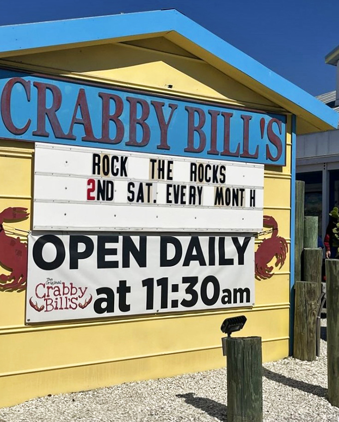 A sign that promises good times daily from 11, with "Rock the Rocks" events adding music to the menu monthly.