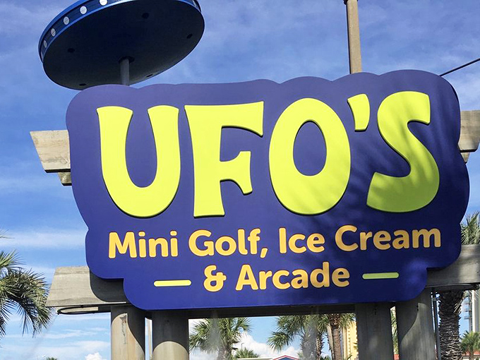 Signage: The mothership has landed! UFO's iconic sign promises three earthly delights – mini golf, ice cream, and arcade games – all with an extraterrestrial twist.