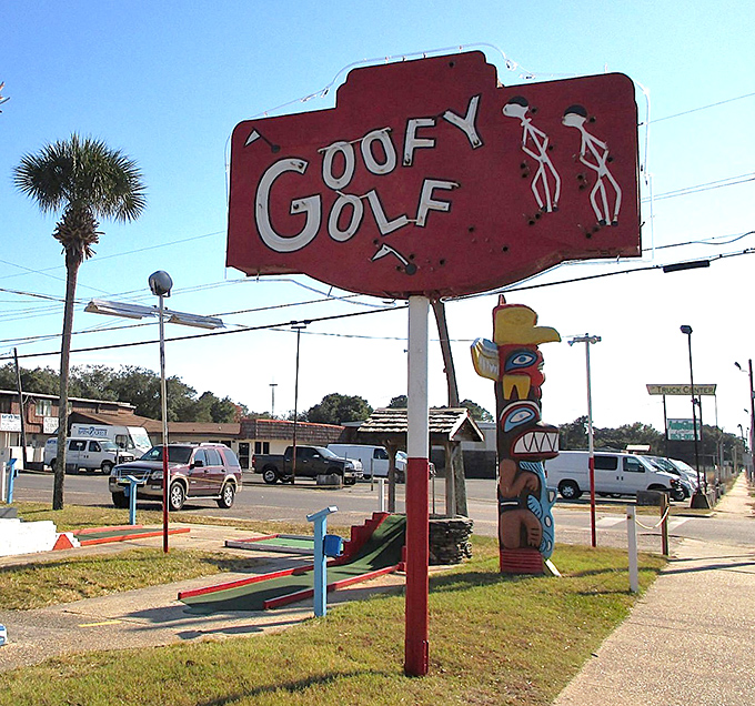 The weather-worn Goofy Golf sign has directed generations of families toward affordable fun and away from ordinary vacation experiences.