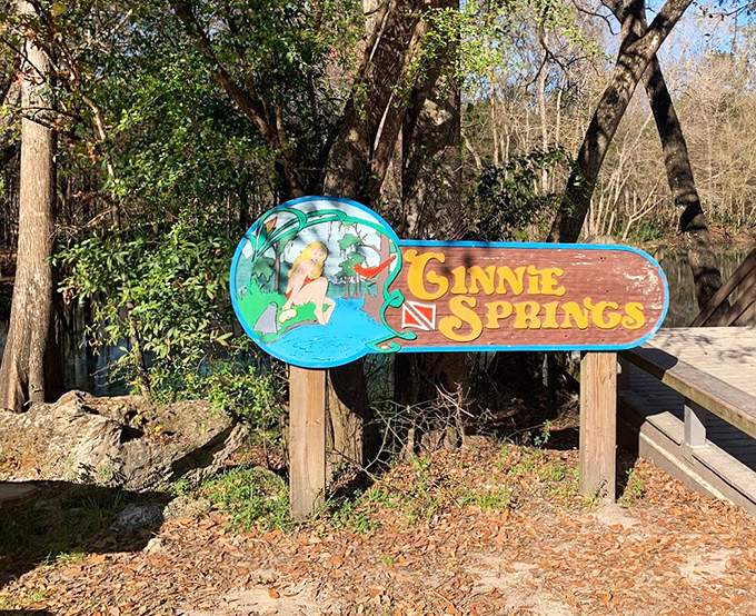 The iconic Ginnie Springs sign welcomes water-lovers to this natural playground where memories are made one splash at a time.